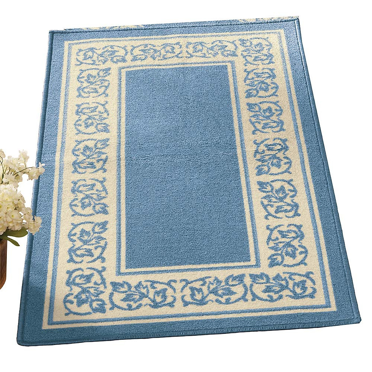 Collections Etc Floral Border Skid-Resistant Accent Rug, Blue, 26 X 45