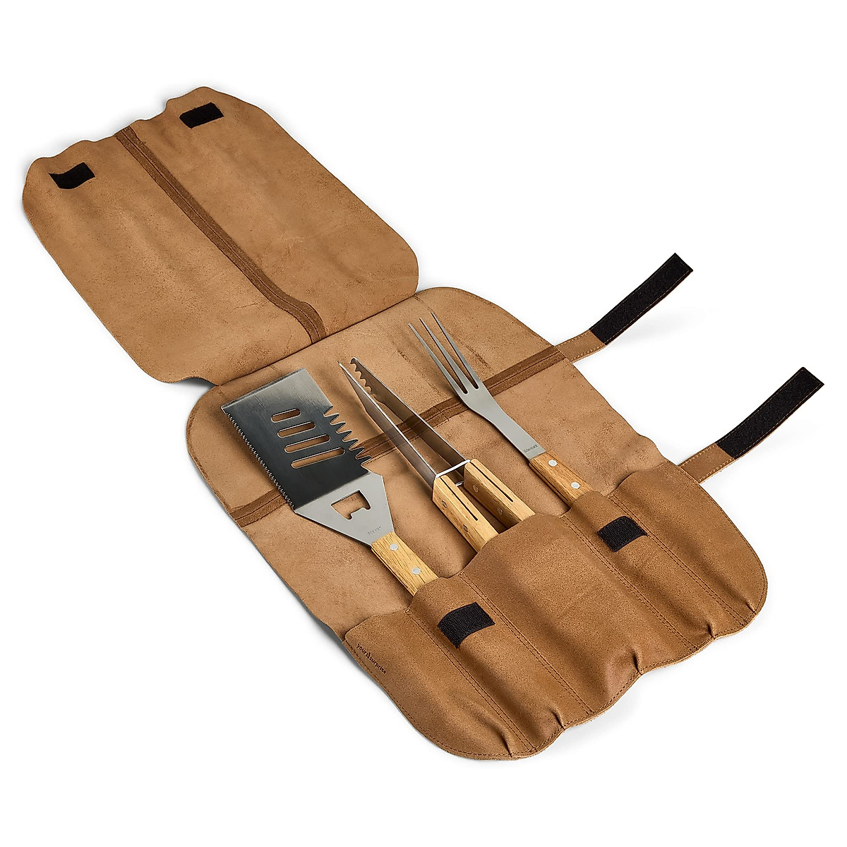 BBQ Tool Set in Buffalo Leather Cover with Name and/or Text - Personalized Leather Cover with Barbecue Tools, Engraved Cover with BBQ Set for Men and Women (Brown, Cognac)
