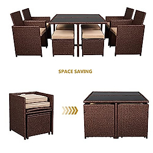 9 Pieces Wood Grain PE Wicker Rattan Dining Ottoman with Tempered Glass Table Patio Furniture Set, Stylish and Durable Patio Furniture for Outdoor, Wicker Patio Dining Set