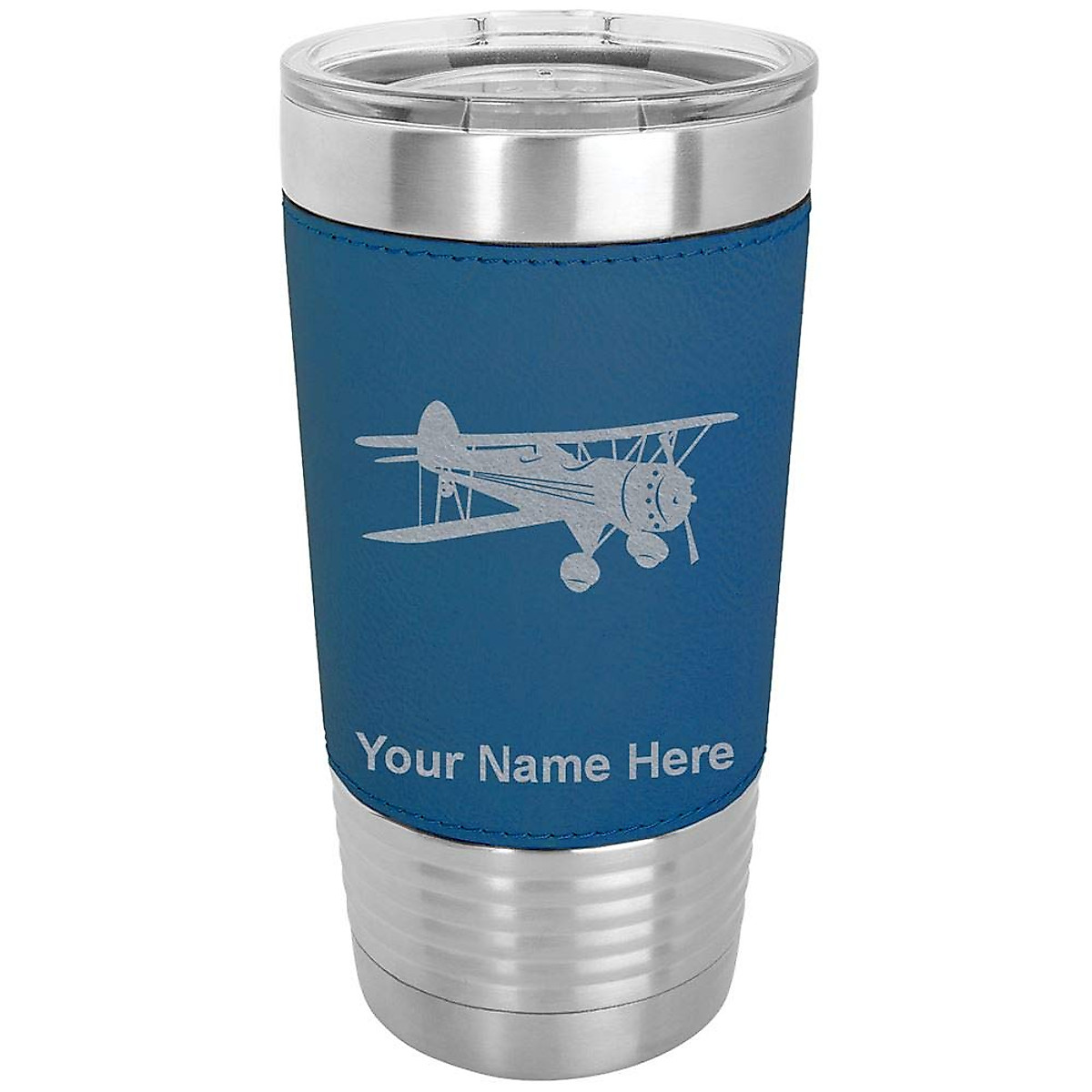 LaserGram 20oz Vacuum Insulated Tumbler Mug, Biplane, Personalized Engraving Included (Faux Leather, Blue)