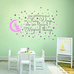 ANFRJJI Fairy and Dream Wall Sticker - Removable PVC Decal with Glittering Wings and Magical Quote - Fairy Moon and Stars Wall Art for Girls Bedroom, Kids Room -effect 24"x35"inch (Gray-JWH290-Fairy