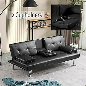 RIDFY 66.5” Modern Futon Sofa Bed with Metal Legs/2 Cupholders, Convertible Folding Upholstered Loveseat, Memory Foam Living Seat with Removable Armrests for Compact Spaces/Apartments/Office (Black)