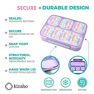 Unicorn Bento Lunch Box for Girls, Kids | Snack Containers with 4 Compartment Dividers, Boxes for Toddlers Pre-School Daycare Tween Lunches BPA Free, Food and Microwave Safe | Purple Rainbow Unicornio