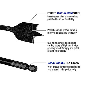 WORKPRO 10-Piece Pro Spade Drill Bit Set- Black Coating, Premium Carbon Steel, Paddle Flat Bits for Woodworking, Assorted Bits 1/4" to 1-1/2" with Storage Case