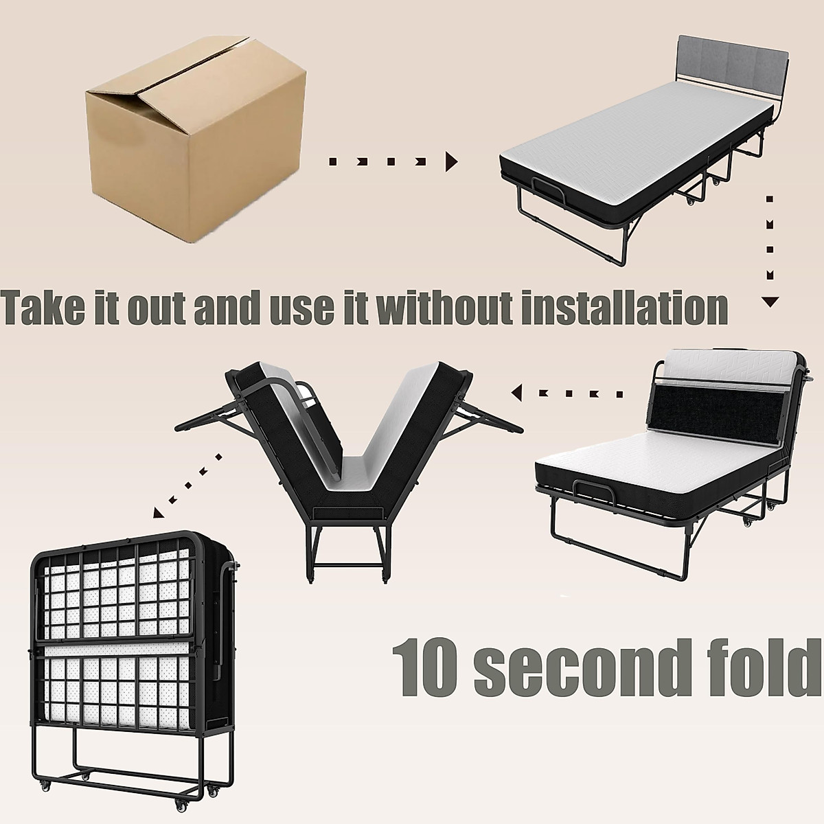 Folding Bed with 5" Memory Foam Mattress, 75" x 39" Twin Guest Bed with Headboard, Portable Rollaway Bed with Sturdy Frame, Home Camping Office Vacation Nursing