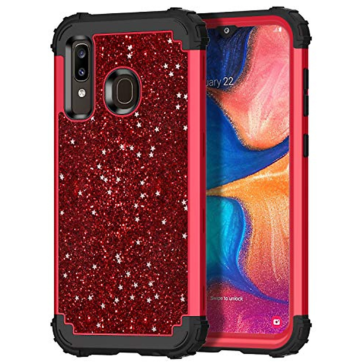 Hekodonk for Galaxy A20/A30/A50 Case, Heavy Duty Shockproof Protection Hard Plastic+Silicone Rubber Hybrid Protective Case for Samsung Galaxy A20/A30/A50-Bling Red