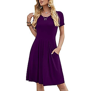 DouBCQ Women's Casual Short Sleeve Flowy Pleated Loose Dresses with Pockets (0-Purple, L)