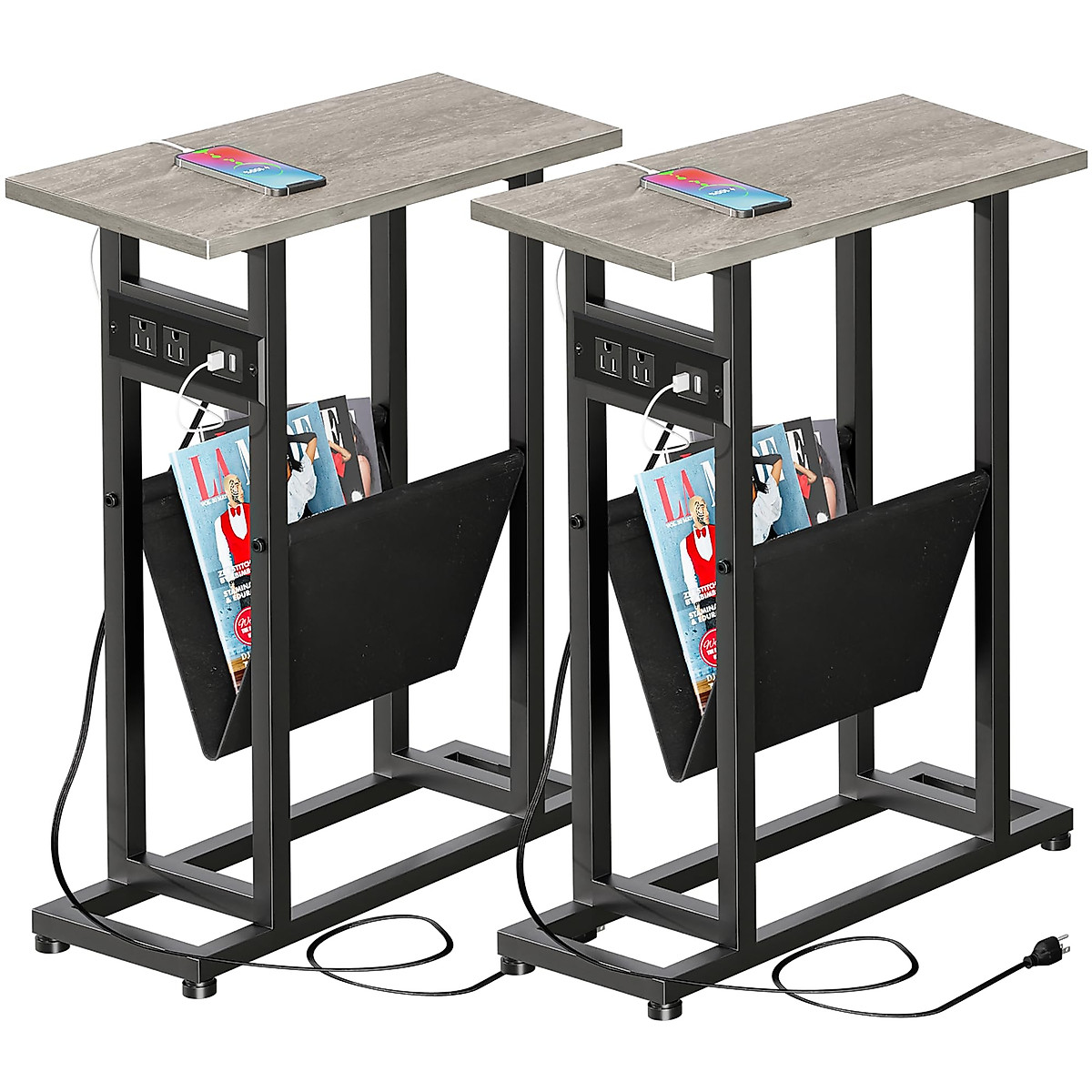 LAKEMID Narrow Side Table Set of 2 with Charging Station, Skinny Side Tables with Storage, Slim End Tables for Small Spaces with USB Ports for Living Room, Bedroom, Grey