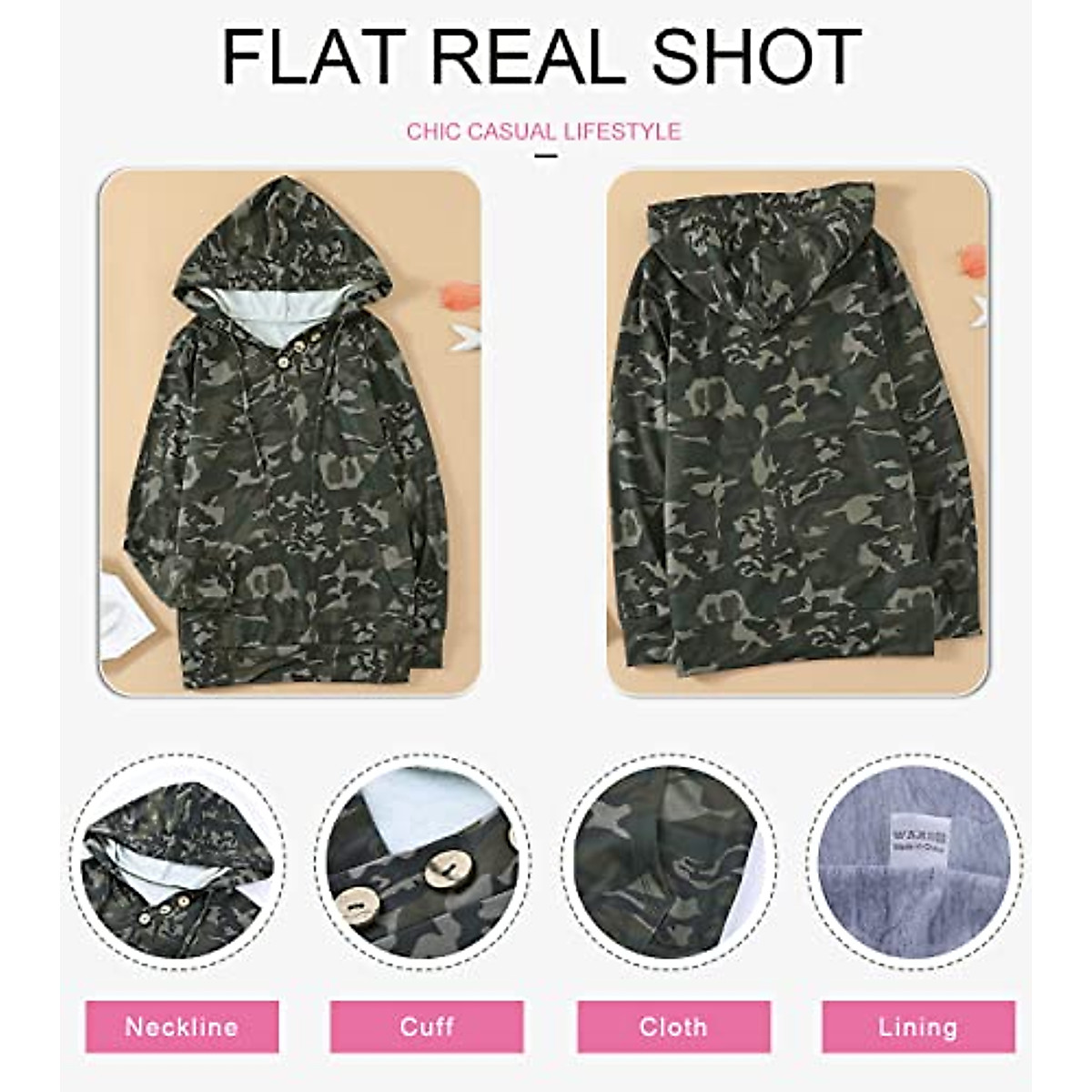 Dokotoo Women's Casual Camo Hoodies Long Sleeve Sweatshirt Drawstring V-Neck Pullover Loose Tops Shirts with Kangroo Pocket 2024 Fashion Fall Hooded Sweatshirt Green Medium