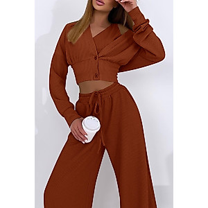 PRETTYGARDEN Womens 2024 Fall Track Suits 3 Piece Outfits Matching Sets Ribbed Knit Cardigan Cropped Tank Tops Wide Leg Pants (Brown,Large)