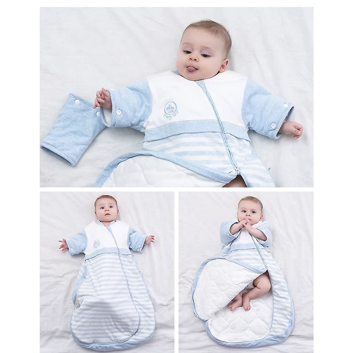 OuYun Baby Organic Sleeping Bag Detachable Sleeve Wearable Blanket,Grey,Double Layer for 68-77℉