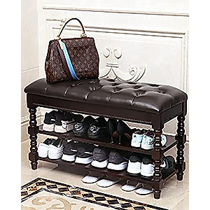 E EYOUPINO Storage Bench Vintage Solid Wood Shoe Bench 3 Tier Wooden Entryway Bench Shoe Rack with Leather Cushion Seating Brown (31.5’’)