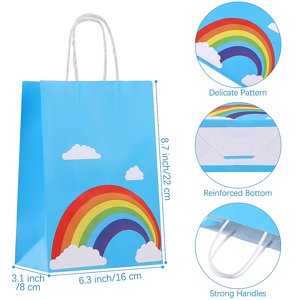 Aodaer 24 Pieces Rainbow Party Treat Bags Craft Gift Bags with Handles Colorful Candy Paper Bags 6.3 x 3.1 x 8.7 Inches for Celebration, Wedding, Birthday