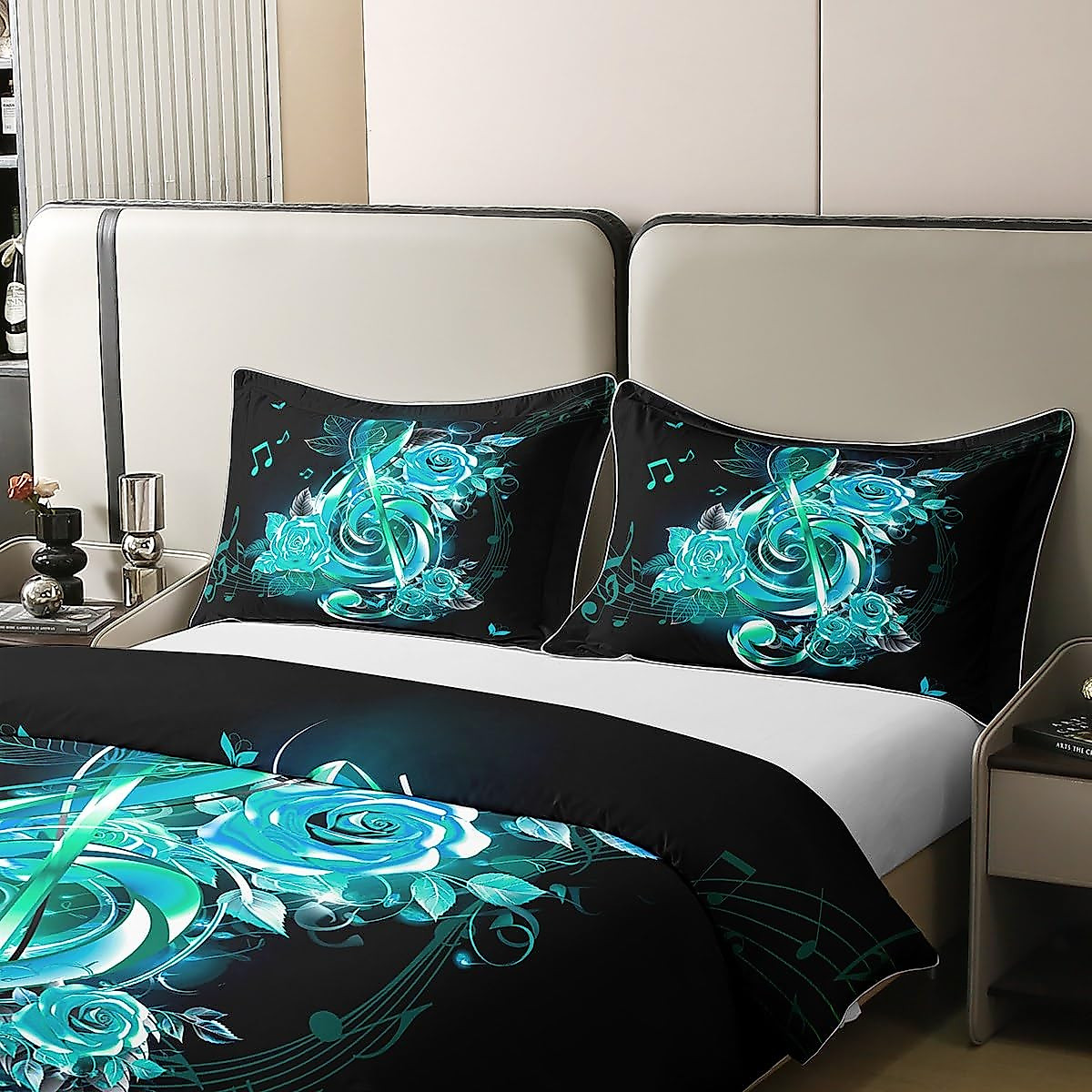 Feelyou Teal Music Note Bedding Set Twin Size Couple Rose Floral Comforter Cover Set for Girls Women Lover Valentine's Day 100% Cotton Duvet Cover Romantic Musical Bedspread Cover