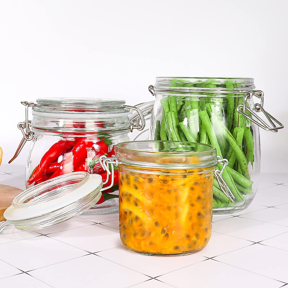 25 oz 6 Pack Clear Glass Jars With Airtight Lids and Leak Proof Rubber Gasket, 750ml Wide Mouth Storage Containers Preserving Jars, Mason Jars With Hinged Lids For Kitchen Storage Canisters