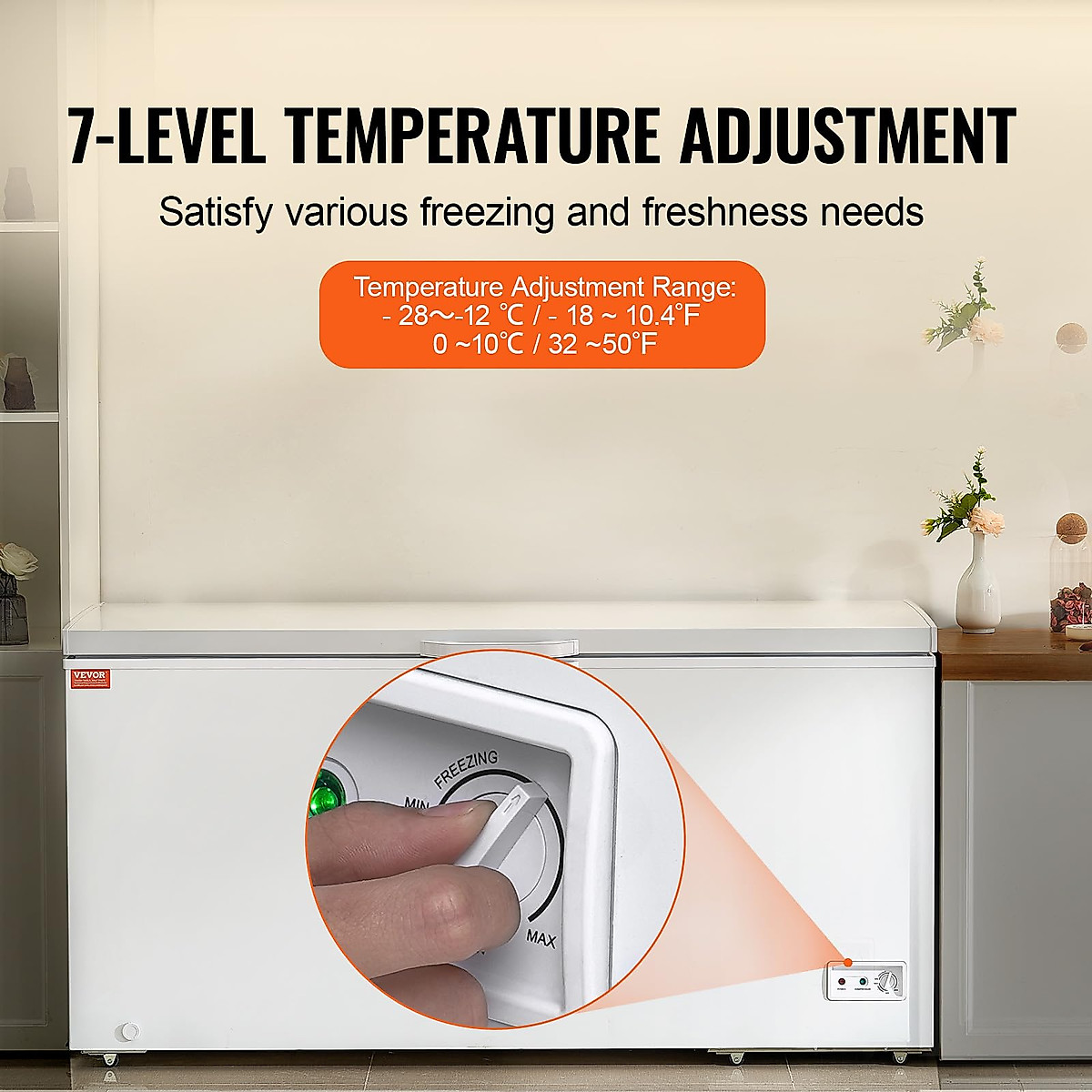 VEVOR Chest Freezer, 17.2 Cu.ft / 488 L Large Deep Freezer & 4 Removable Baskets, Freestanding Top Open Door Commercial Chest Freezers with Locking Lid, 7-Level Adjustable Temp, LED Lighting, 6 Wheels