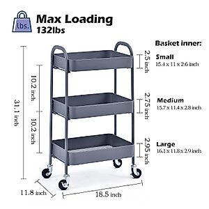 TOOLF 3 Tier Rolling Cart, Metal Utility Cart No Screw, Easy Assemble Utility Serving Cart, Sturdy Storage Trolley with Handles & Lockable Wheels for Kitchen Garage Home Bedroom Bathroom, Grey