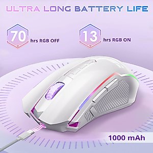 Redragon Wireless Gaming Mouse with RGB Backlit, 8000 DPI, with Fire Button, Macro Editing Programmable,70Hrs for Windows/Mac, Rechargeable, White, M910-WS