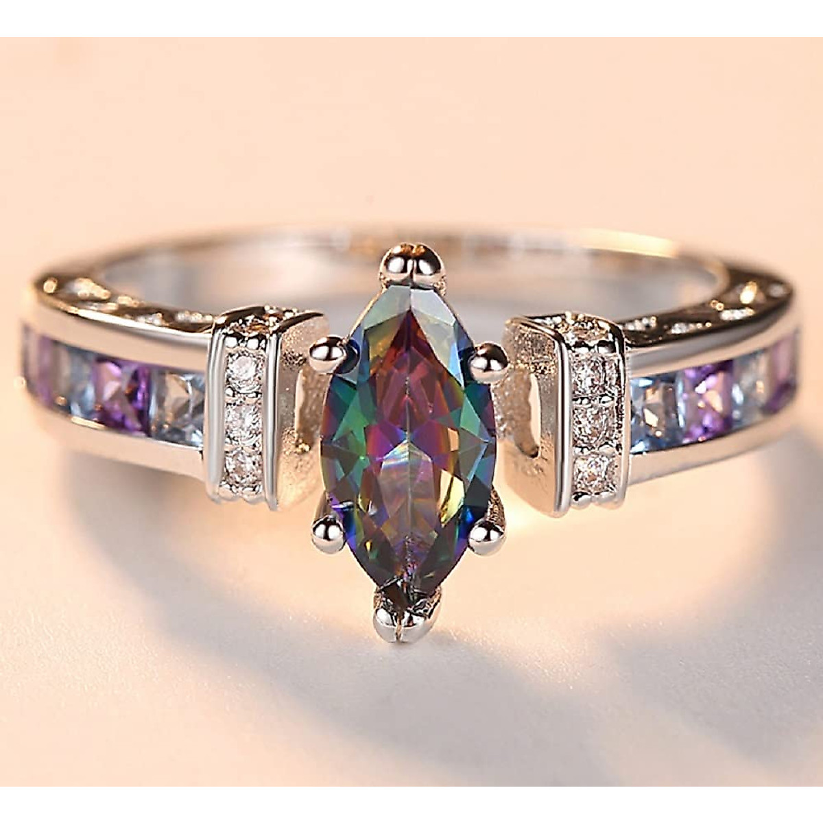 DCFSHEE Fashion Marquise Shape Cut Created Mystic Rainbow Topaz 925 Sterling Silver Plated Promise Ring Jewelry Gifts for Her (US size 10)
