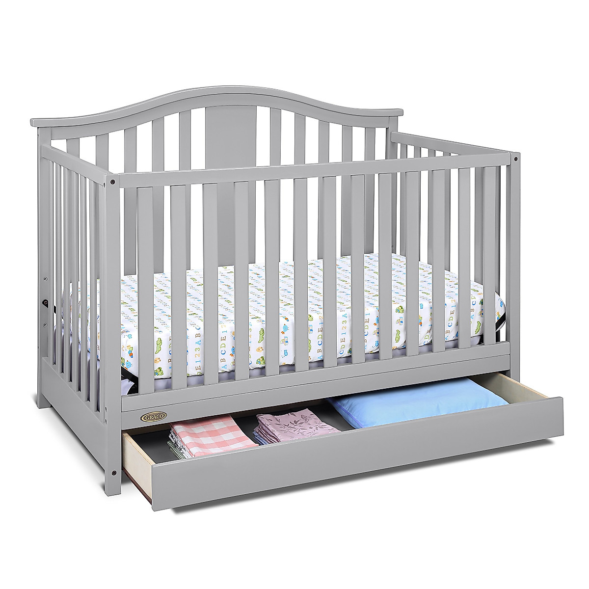Graco Solano 4-in-1 Convertible Crib with Drawer (Pebble Gray) – GREENGUARD Gold Certified, Crib with Drawer Combo, Includes Full-Size Nursery Storage Drawer, Converts to Toddler Bed and Full-Size Bed