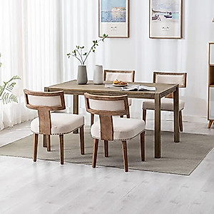 Wahson Set of 4 Farmhouse Kitchen & Dining Room Chairs with Metal Nailhead Trim, Retro Linen Upholstered Dining Chair with Natural Hardwood Legs, Beige