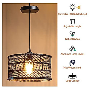 HOONEX Rattan Chandelier, Rattan Light Fixture Ceiling, 12.4" Wicker Pendant Light for Dining Room Bedroom Kitchen Island, Black