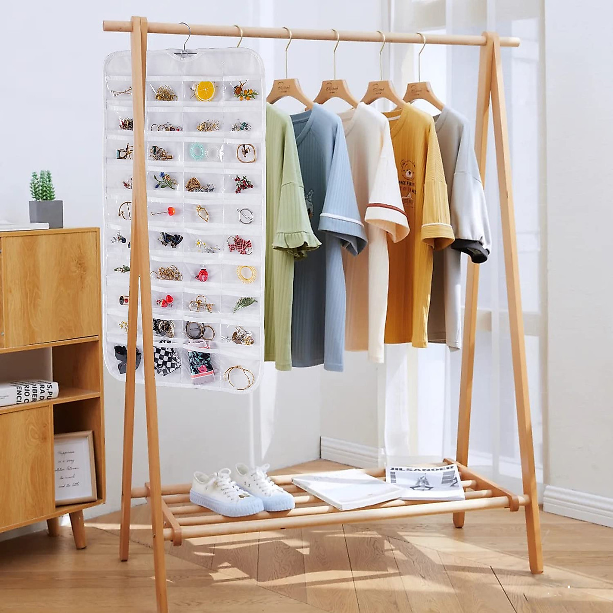 Bloss Hanging Jewelry Organizer, Double Sided 80 Pocket Jewelry Chain Storage Bag 2 Layer of Fabric Jewelry Organizer Holder for Necklace Bracelet Earring Ring Chain Knitting Tool-Black (White)