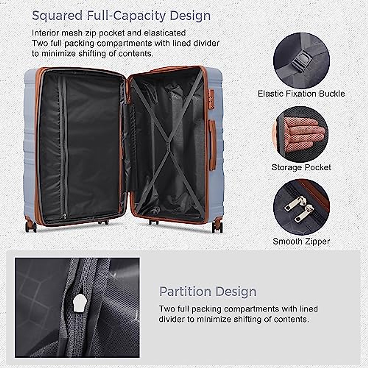 Merax Luggage Sets 3 Piece Suitcase, Hardside Suit case with Spinner Wheels Lightweight TSA Lock, Blue/Brown, 20/24/28 Inch