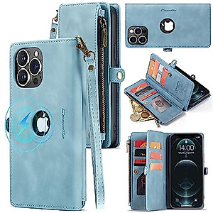 CaseMe Logo View for iPhone 13 Pro Max Magsafe Wallet Case Credit Card Holder,PU Leather Flip Lanyard Strap Wristlet Zipper Wireless Charging Women Men for iPhone 13 Pro Max Phone case(Tiffany Blue)