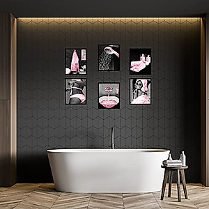 Fashion Wall Art Bathroom Wall Decor Prints Set of 6 Black and White Pink Glam Glitter Canvas Posters Pictures Photos Funny Bathroom Artwork Wall Modern Women for Bathroom (B&W PINK, 8"x10" UNFRAMED)
