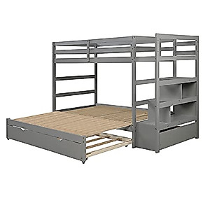 Twin Over Twin/King Bunk Beds with Trundle, New Version Wooden Bunk Beds with Storage Drawers and Stairs, Extendable Pull-Out Bunk Bed, Convertible to Twin Over King Bunk Beds (New, Grey)
