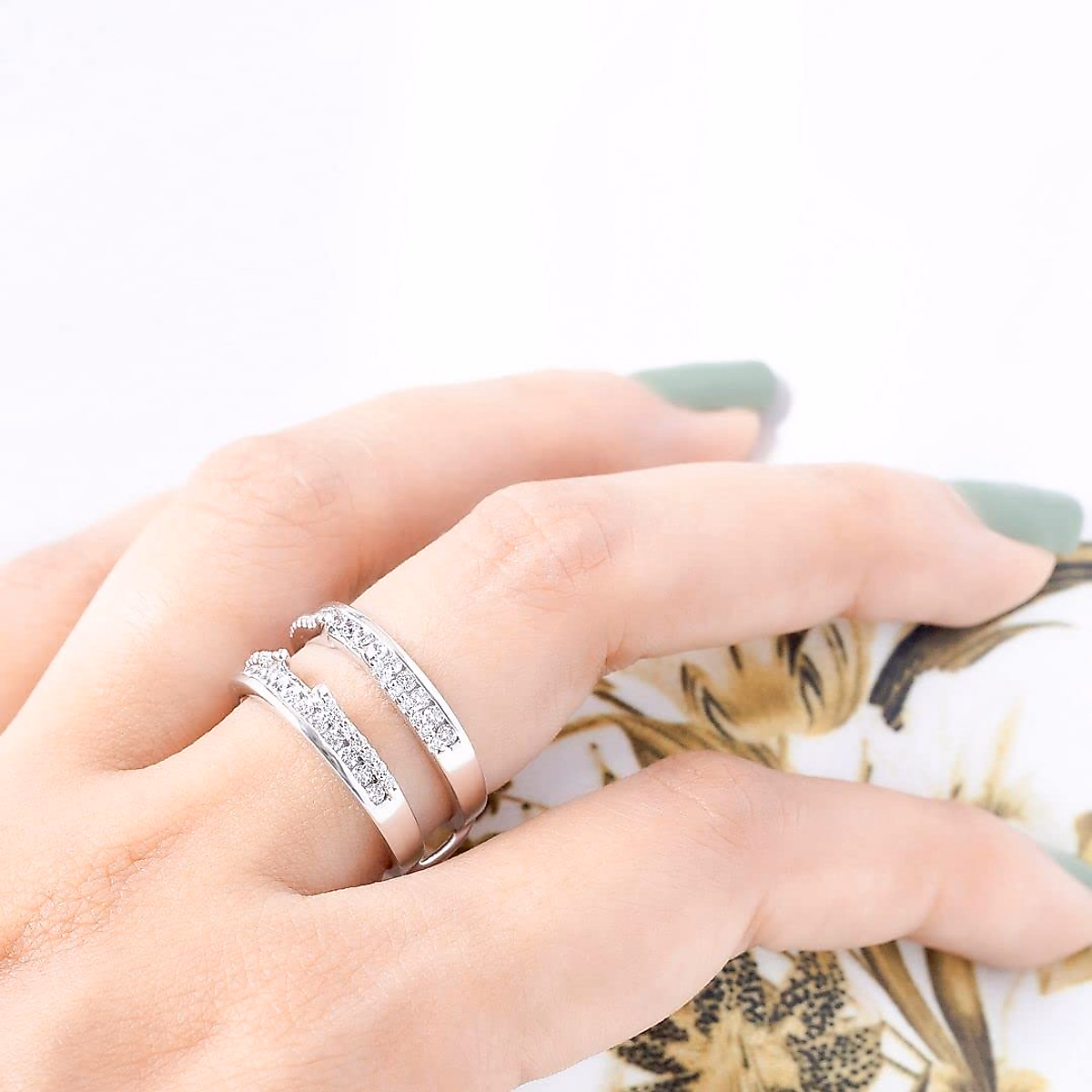 Facet Jewel 3/4 Carat Cubic Zirconia Enhancer Guard Open Two Row Band Ring for Women in 925 Sterling Silver (VVS, 0.71 CTW) Stacked Band Ring Size 5