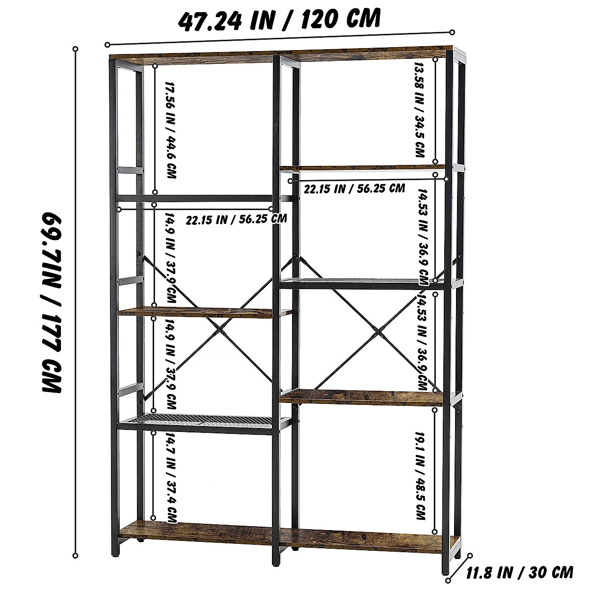 Becko US Bookshelf Bookcase Industrial 8 Tier Book Shelf Vintage Etagere Bookcase with Rustic Finish & Metal Frame & Wire Mesh