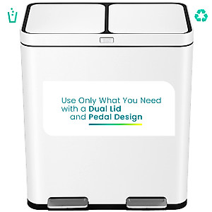 Home Zone Living 15.8 Gallon Kitchen Trash Can, Dual Removable Liners for Recycling and Trash, CleanAura Odor Control, Wide Stainless Steel Shape, Matte White (7.9 + 7.9 for 15.8 Gallon Total)