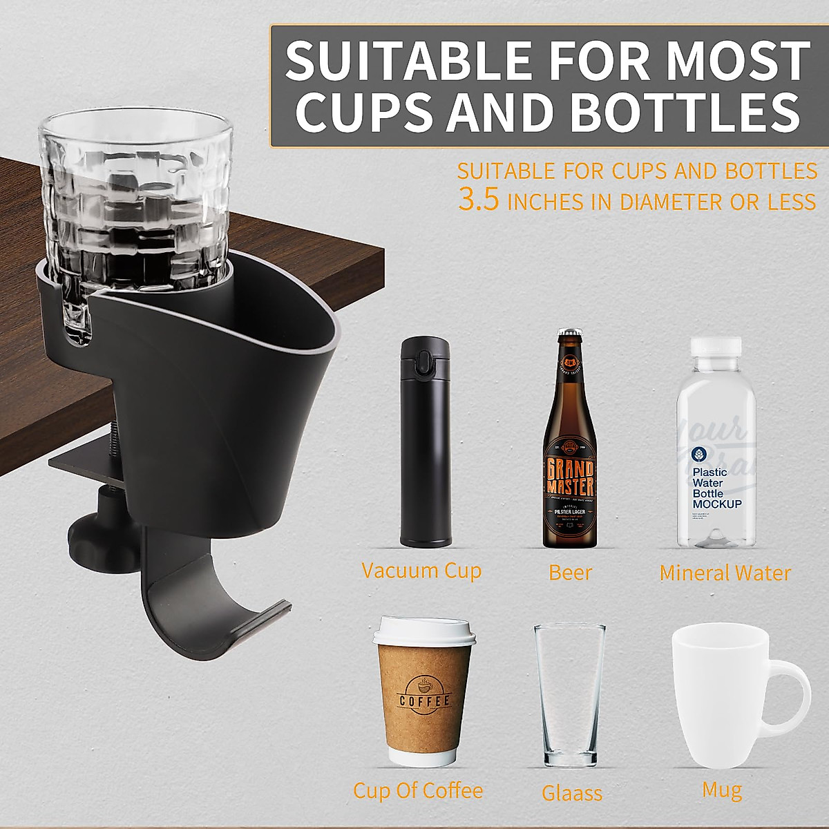 3 in 1 Desk Cup Holder - Organize Your Space with Headphone Hanger, Pen Holder, and Anti-Spill Cup Holder. Ideal for Water Bottles, Wheelchairs, Workstations, and Gaming Desk Accessories. (Black)