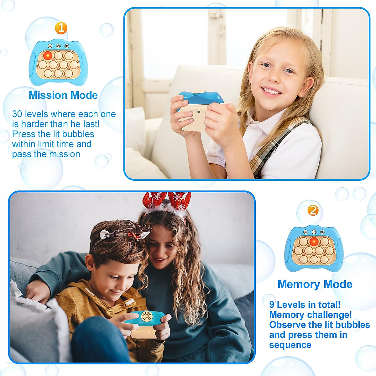 AICARGER Quick Push Puzzle Game Machine Pop Fidget Light-Up Squeeze Poppet Sensory Toy Educational Push Pop Bubble Toy Stress Relief Party Favors Puzzle Game for Kids Teens Adults (Light Blue)