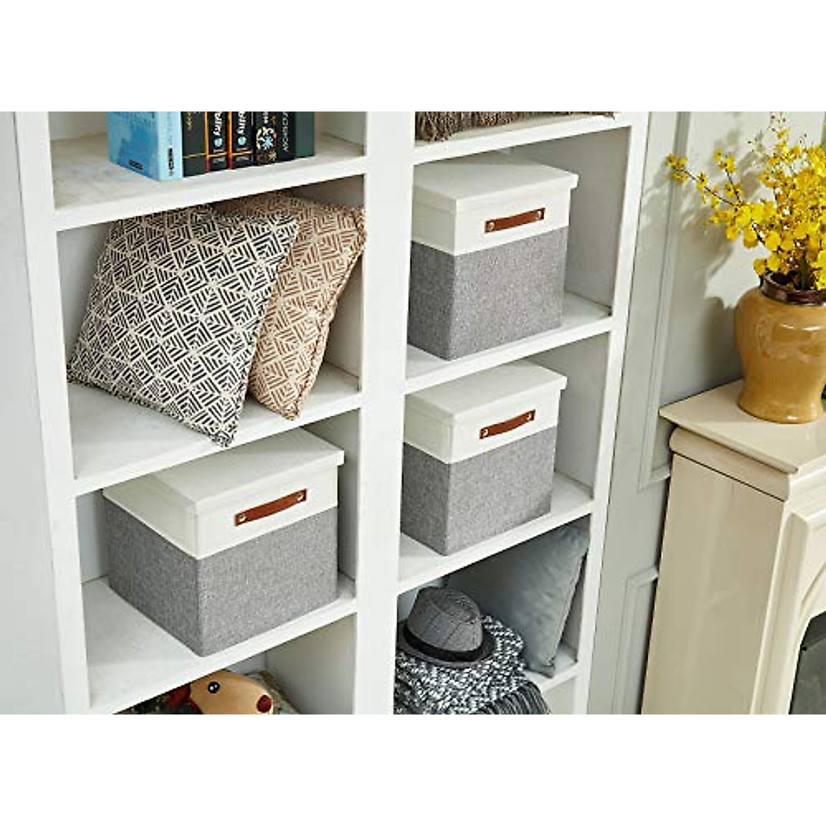 DECOMOMO Cube Storage Bins | Fabric Storage Cubes with Lid Closet Organizer Cubby Bins for Shelves Cloth Nursery Decorative Basket with Handles (Grey and White, 13 x 13 x 13 inch)