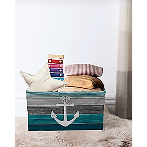 Turquoise Grey Ombre Wood Storage Basket Waterproof Cube Storage Bin Organizer with Handles, Beach Nautical Anchor Ocean Coastal Collapsible Storage Cubes Bins for Clothes Books Toys 15"x11"x9.5"