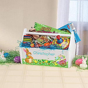 Fox Valley Traders Personalized Kids Easter Toy Caddy, Customized Children’s Wooden Storage Tote with Blue Font, 13” Wide x 9” High