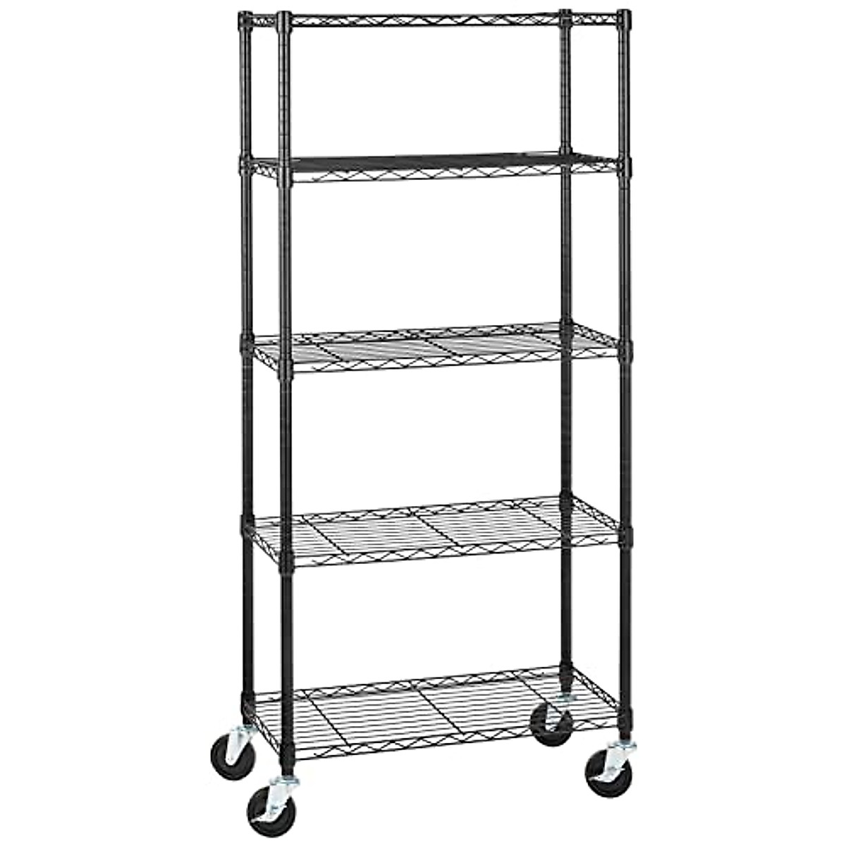 Amazon Basics 5-Shelf Adjustable, Heavy Duty Storage Shelving Unit on 4'' Wheel Casters, Metal Organizer Wire Rack, 30" L x 14" W x 64.75" H, Black