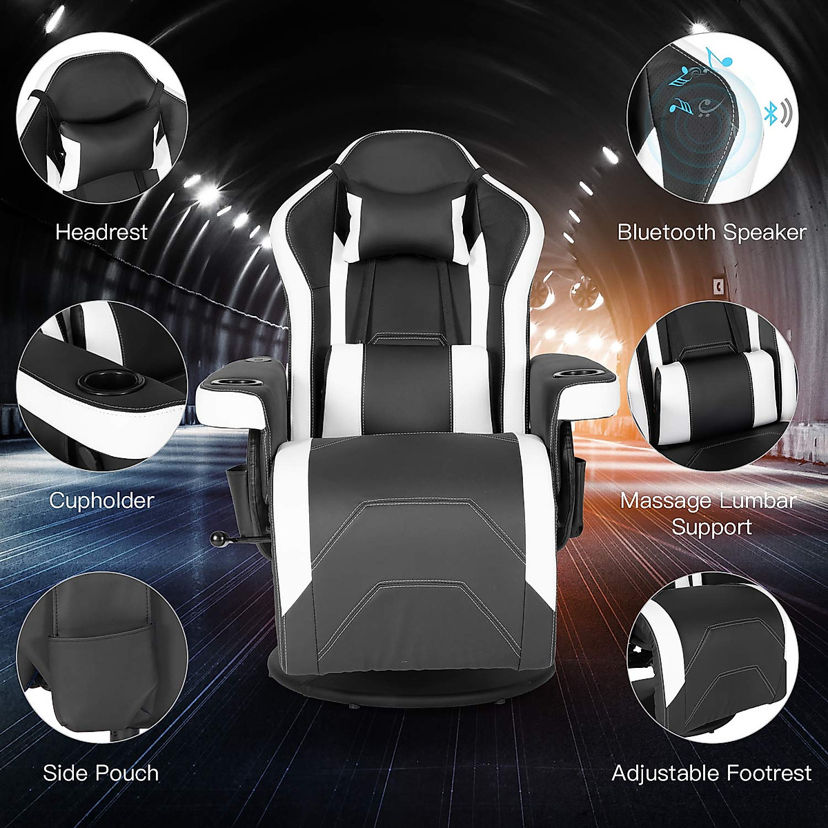 Massage Video Gaming Recliner Chair Ergonomic High Back Swivel Reclining Chair with Speakers, Cupholder, Headrest, Lumbar Support, Adjustable Backrest and Footrest, Black White