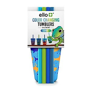 Ello Kids Plastic Reusable Color Changing Cups with Twist on Splash-Proof Lids and Straw, BPA Free, Dishwasher Safe, 12oz, Rainforest, 4 Pack