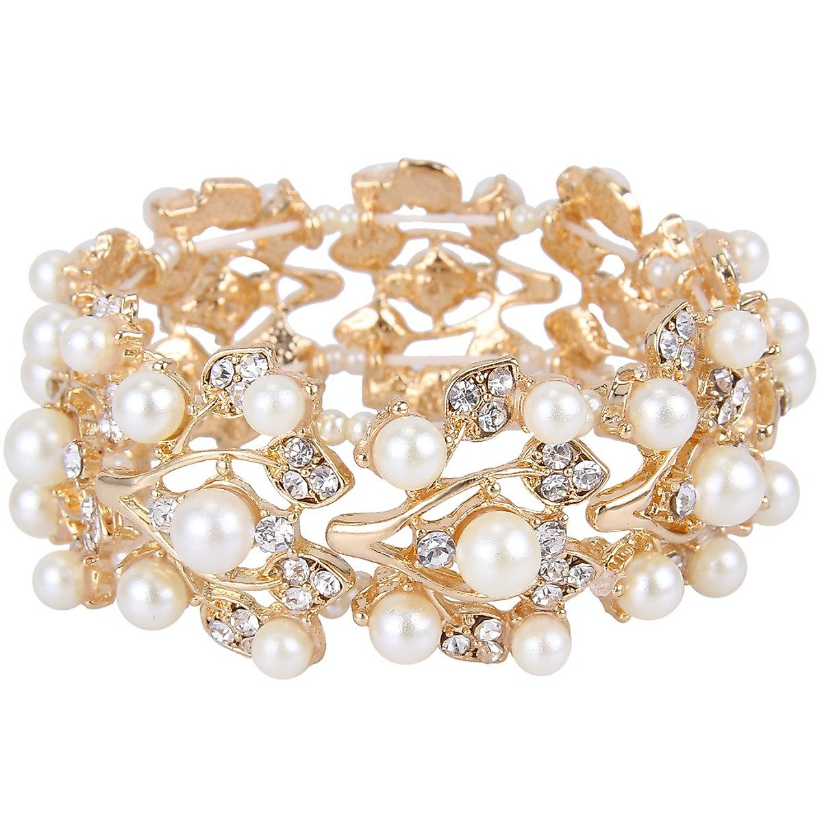 EVER FAITH Gold-Tone Crystal Cream Simulated Pearl 1920's Style Leaf Stretch Bracelet Clear