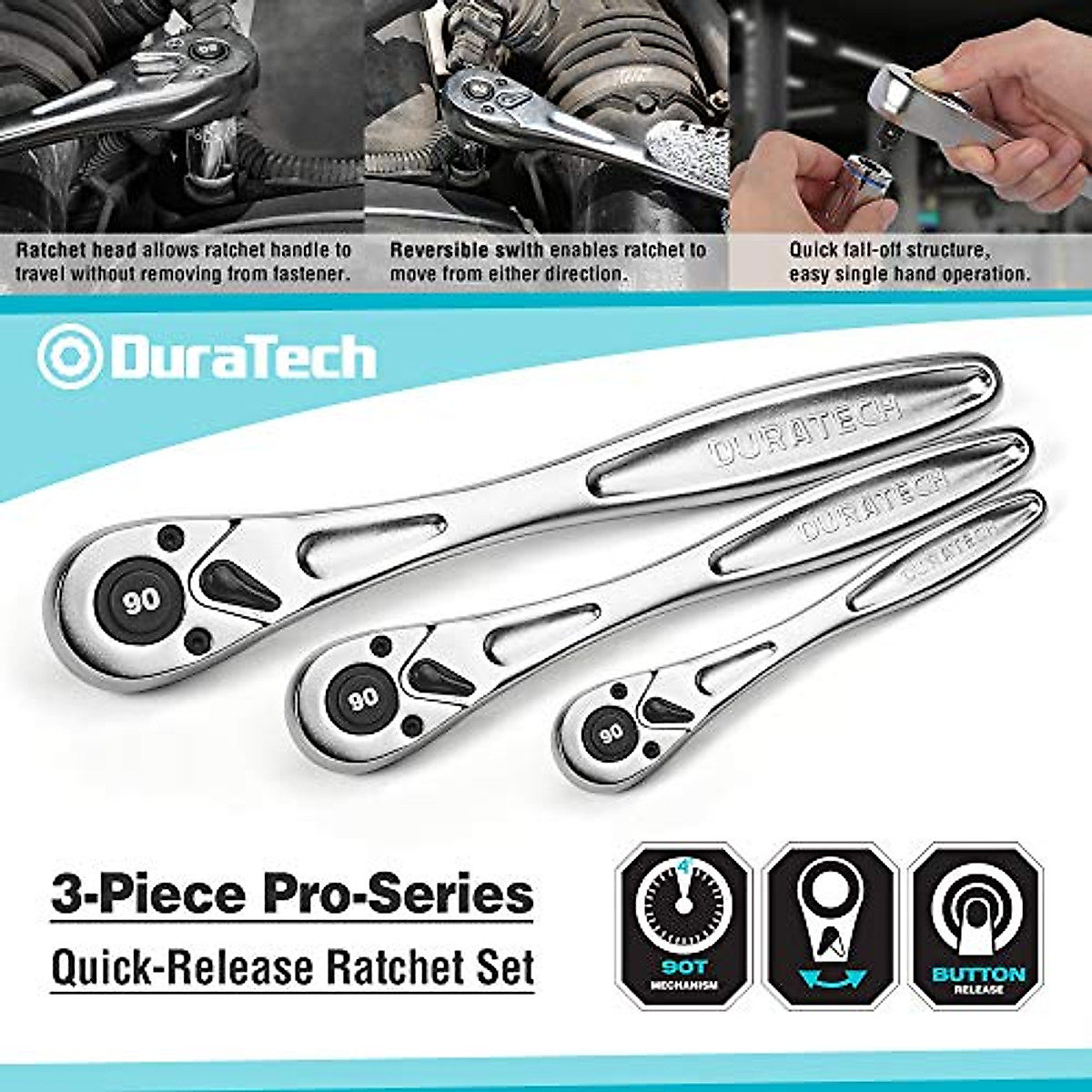 DURATECH 3-Piece Heavy Duty Ratchet Set, 1/4”, 3/8”, 1/2” Drive Ratchet Handle, Professional Ratchet Set, 90-Tooth, Quick-release Reversible, Premium Chrome Alloy Made, with EVA Organizer