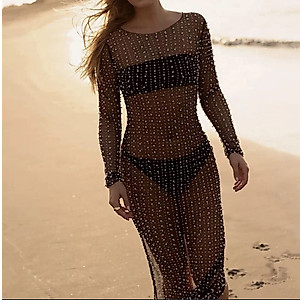 Willow Dance Women's Sheer Mesh Pearl Rhinestone Cover Up Beach Dress Swimwear Bikini Swimsuit Bathing Suit Coverups Black L