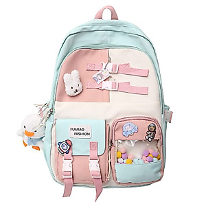 MWZING Kawaii Backpack with Cute Pin Accessories Plush Pendant Kawaii Cute Aesthetic Backpack GREEN