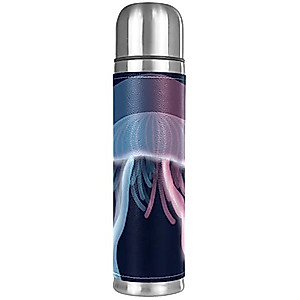 Stainless Steel Leather Vacuum Insulated Mug Jellyfish Thermos Water Bottle for Hot and Cold Drinks Kids Adults 16 Oz