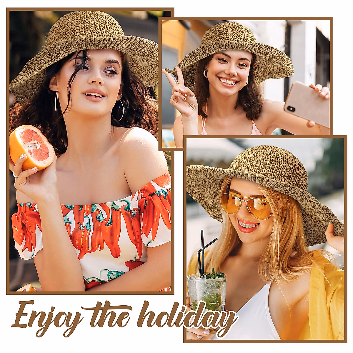 Bonuci 6 Pcs Floppy Straw Sun Hat Foldable Packable Wide Brim Scarecrow Hat Breathable Crochet Bucket Beach Hat (Khaki,Classic)