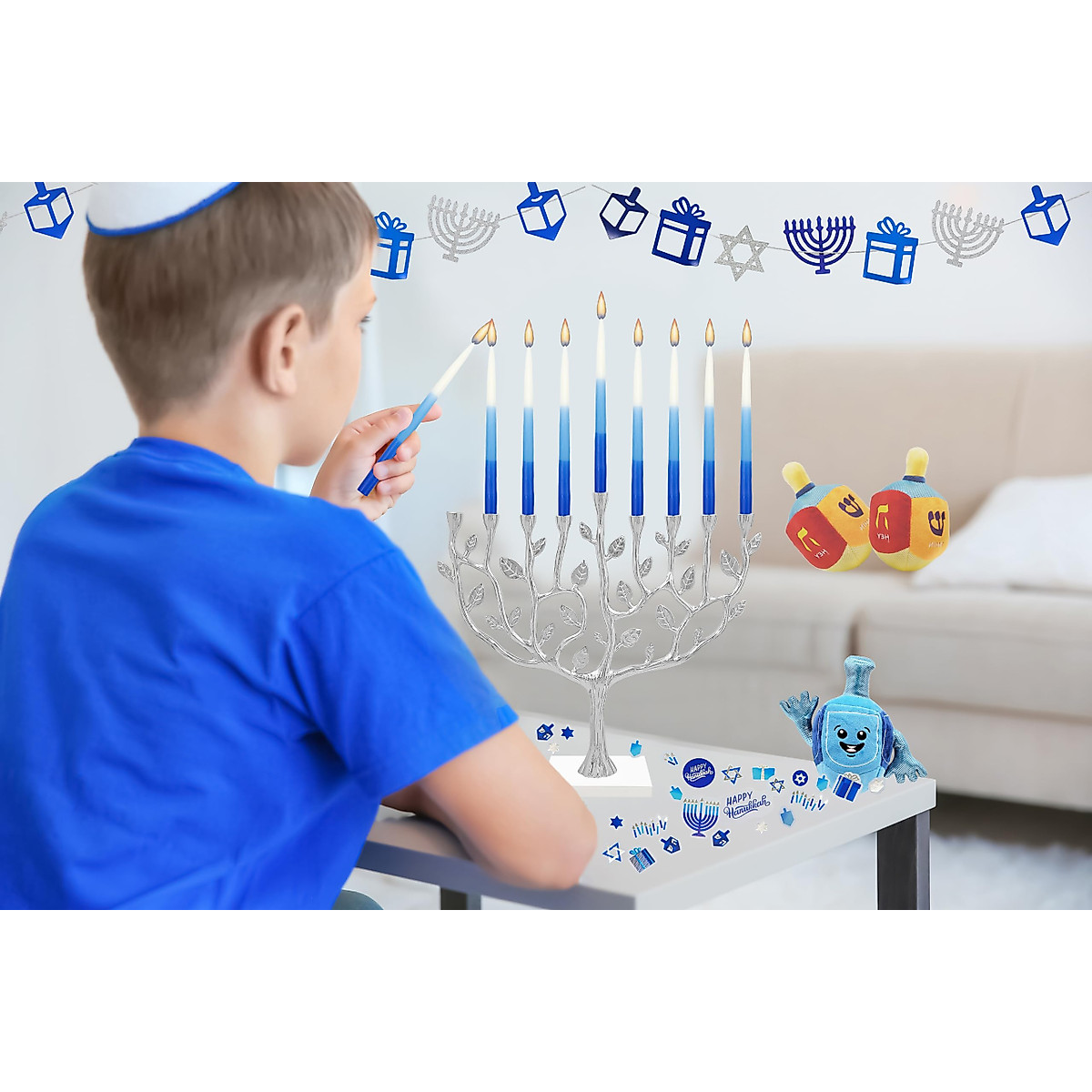 The Dreidel Company Deluxe Tapered Hanukkah Menorah Tri Color Blue, Blue, and White, Candles for All 8 Nights of Chanukah (Single)