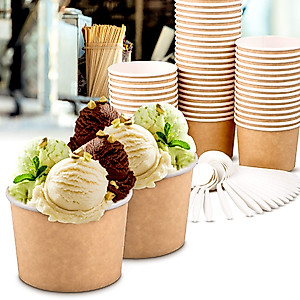 Promora 12 oz Paper Ice Cream Cups Disposable, Disposable Bowls for Hot Soup or Dessert with Spoons, Perfect for Hot & Cold Food, Disposable Soup Bowls, Ice Cream Bowls Disposable (Brown, 12 oz)